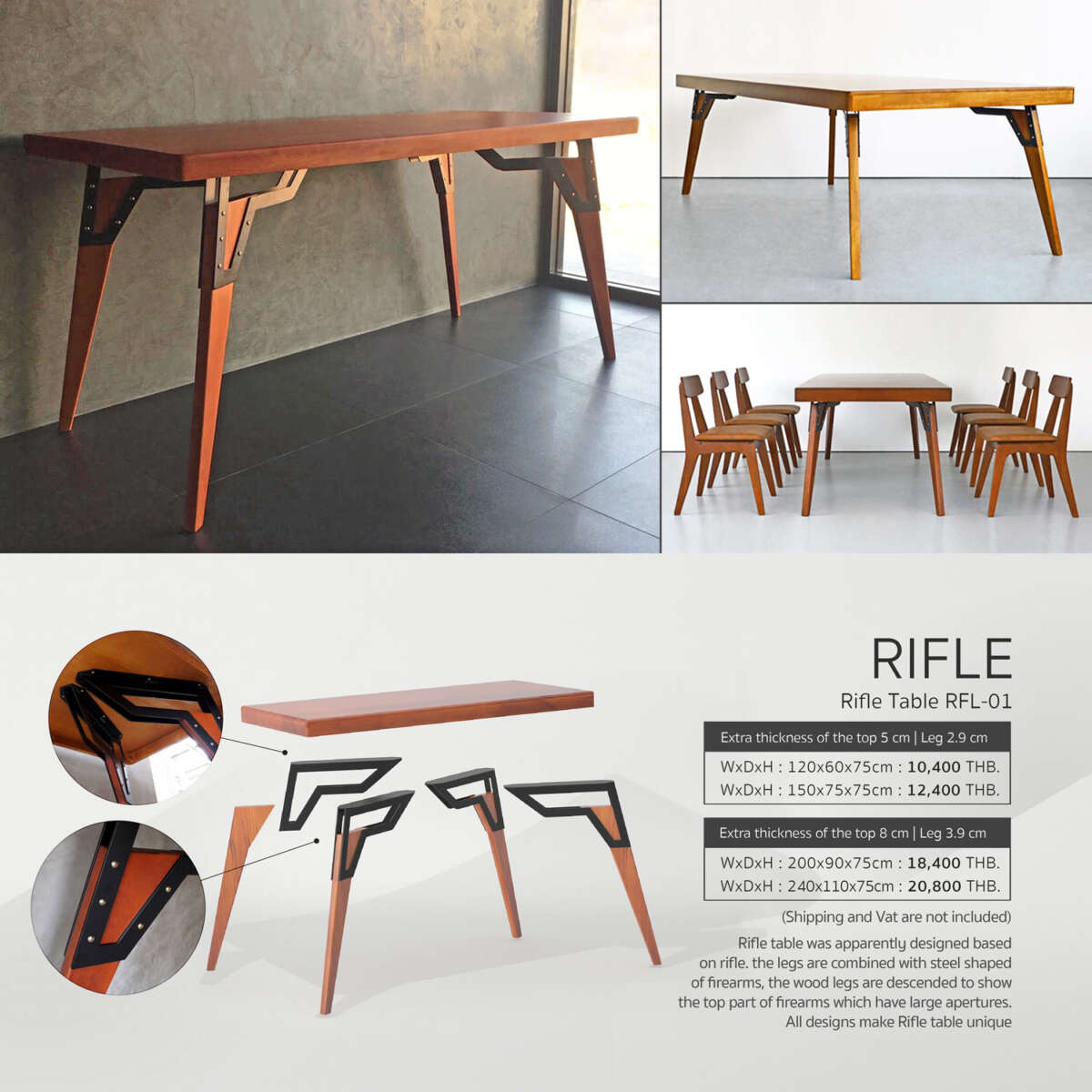 Rifle Dining Table (RFL-02) | Sturdy 5-8 cm Wood Top
